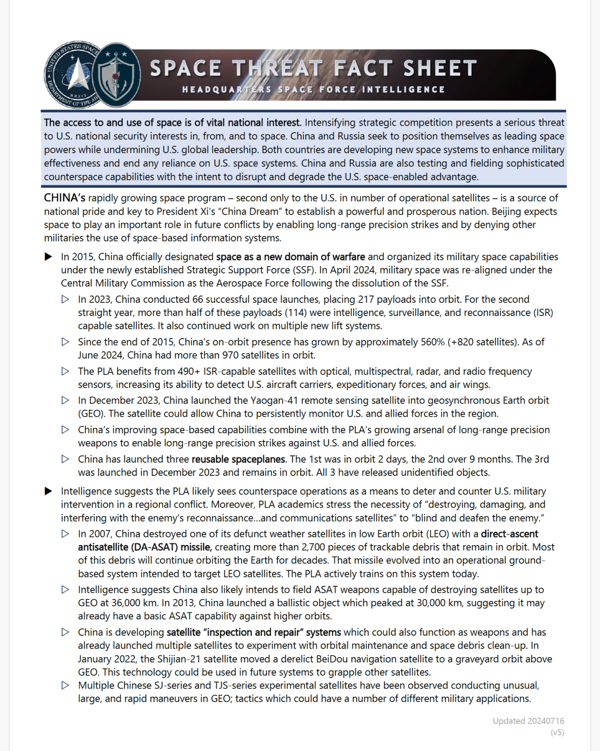 Latest “Space Threat Fact Sheet” from Headquarters Space Force ...