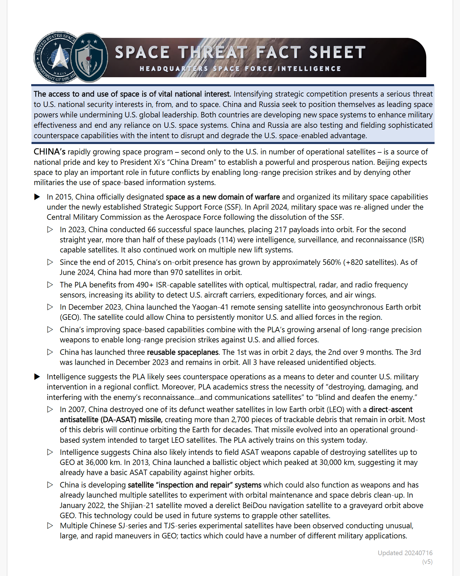 Latest “Space Threat Fact Sheet” from Headquarters Space Force ...
